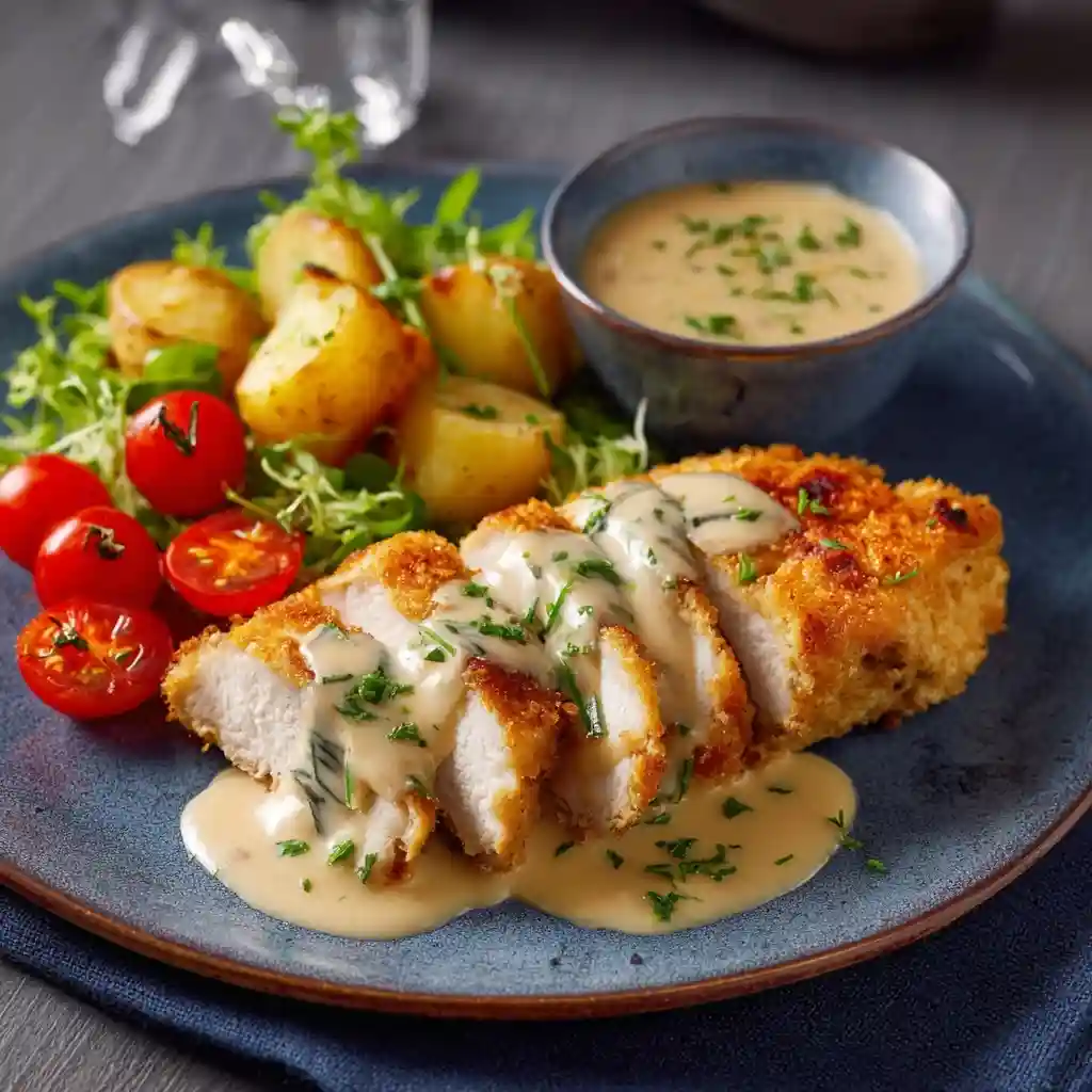 Escalope de poulet moelleuse avec une sauce – Prête en 20 min